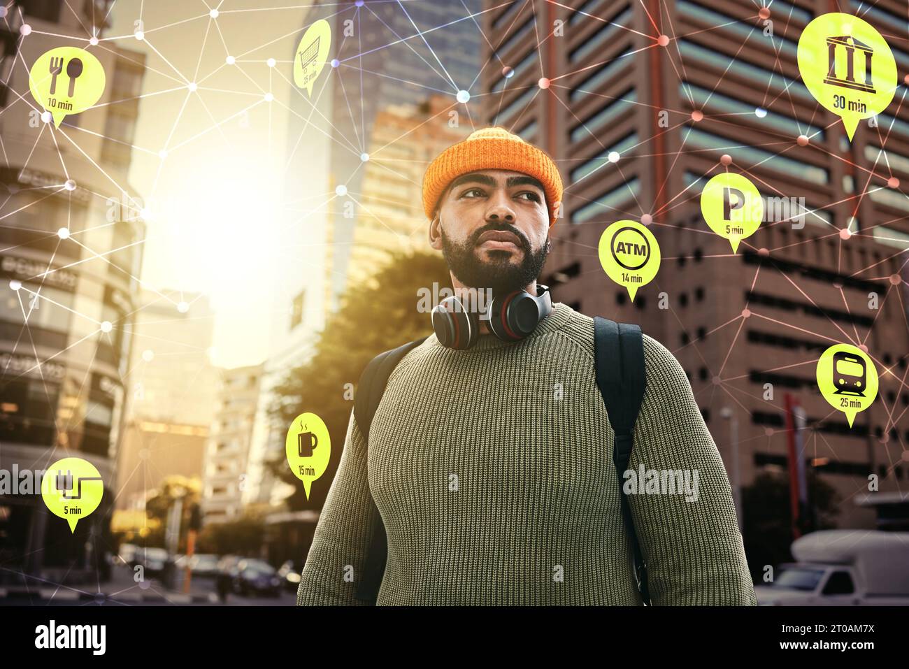 Travel, hologram or overlay and man walking in a city as a tourist with ...