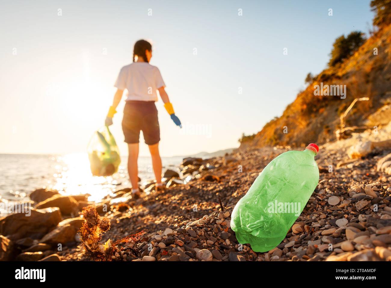Defocused back view of woman volunteer in rubber gloves holds full ...