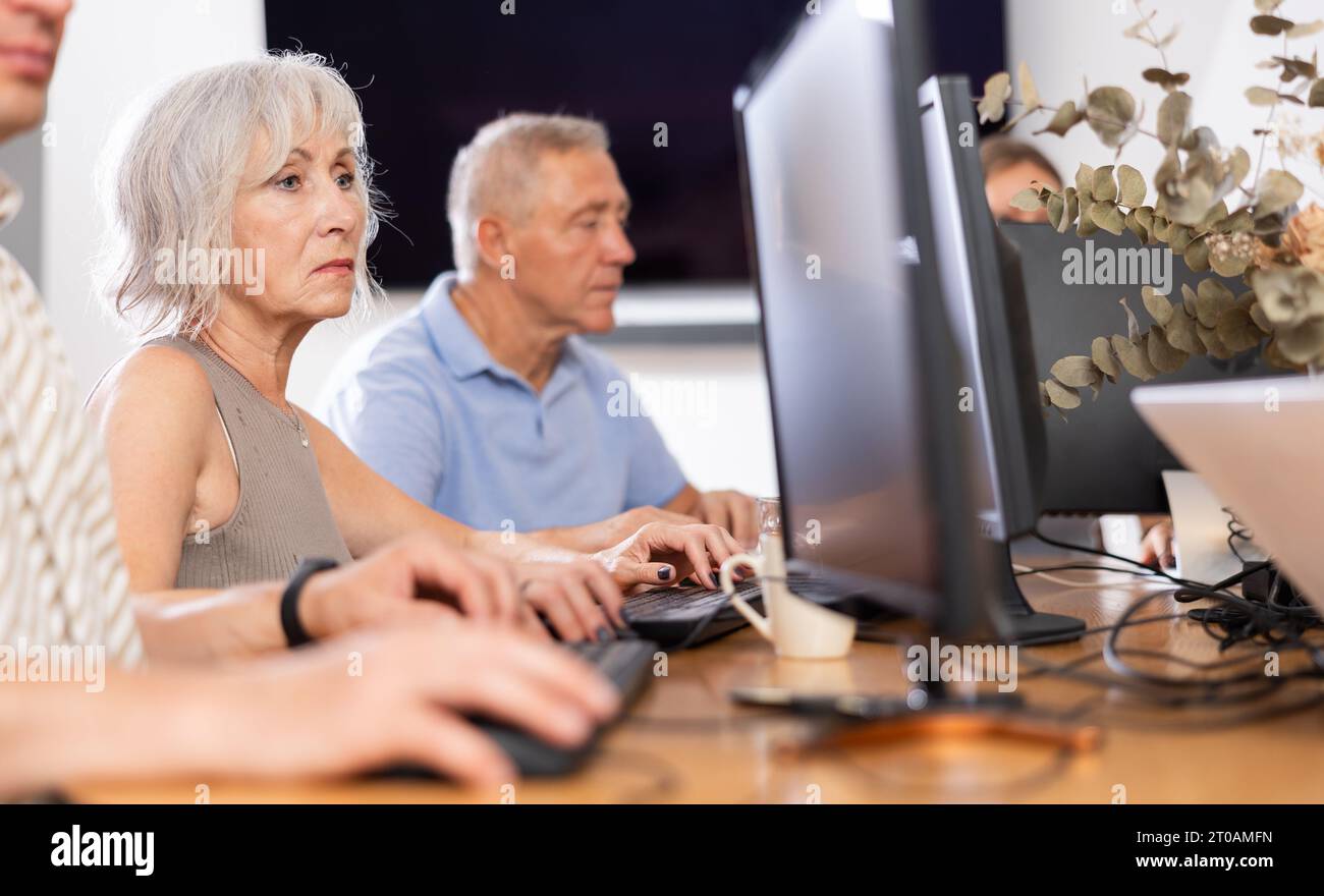 Old woman learning computer programs in training room Stock Photo - Alamy