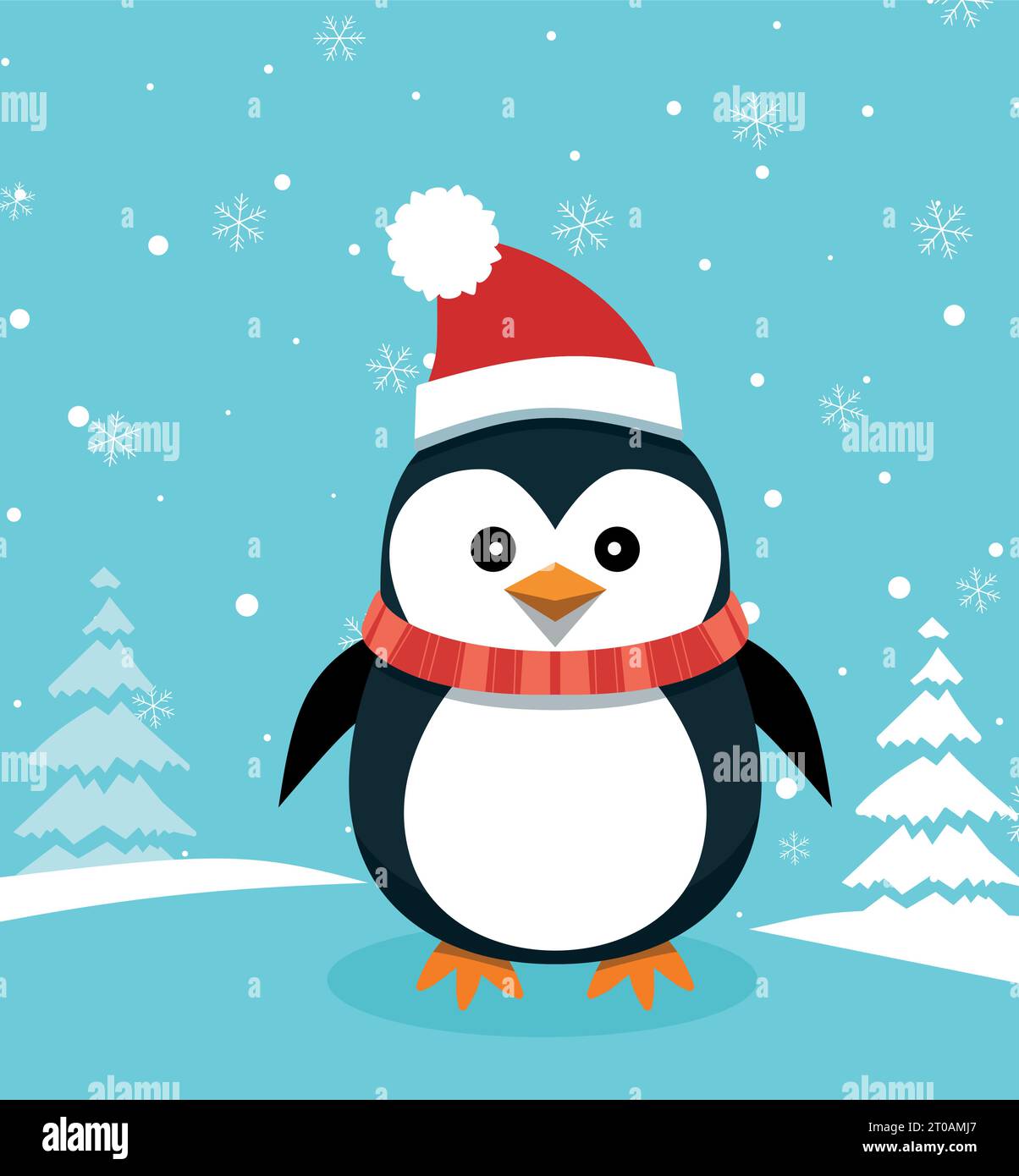 Cute Penguins wearing Santa Claus hat standing on sky blue background ...
