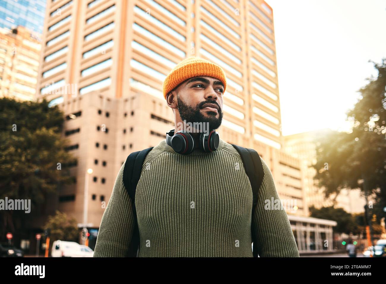 City, thinking or black man travel, walking and on morning trip, outdoor journey or commuting in ...