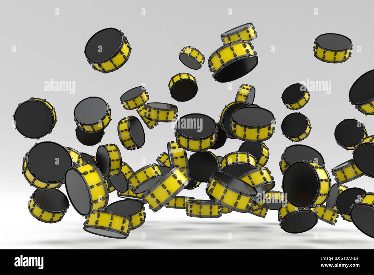 Many of flying drums on white background. 3d render concept of musical ...