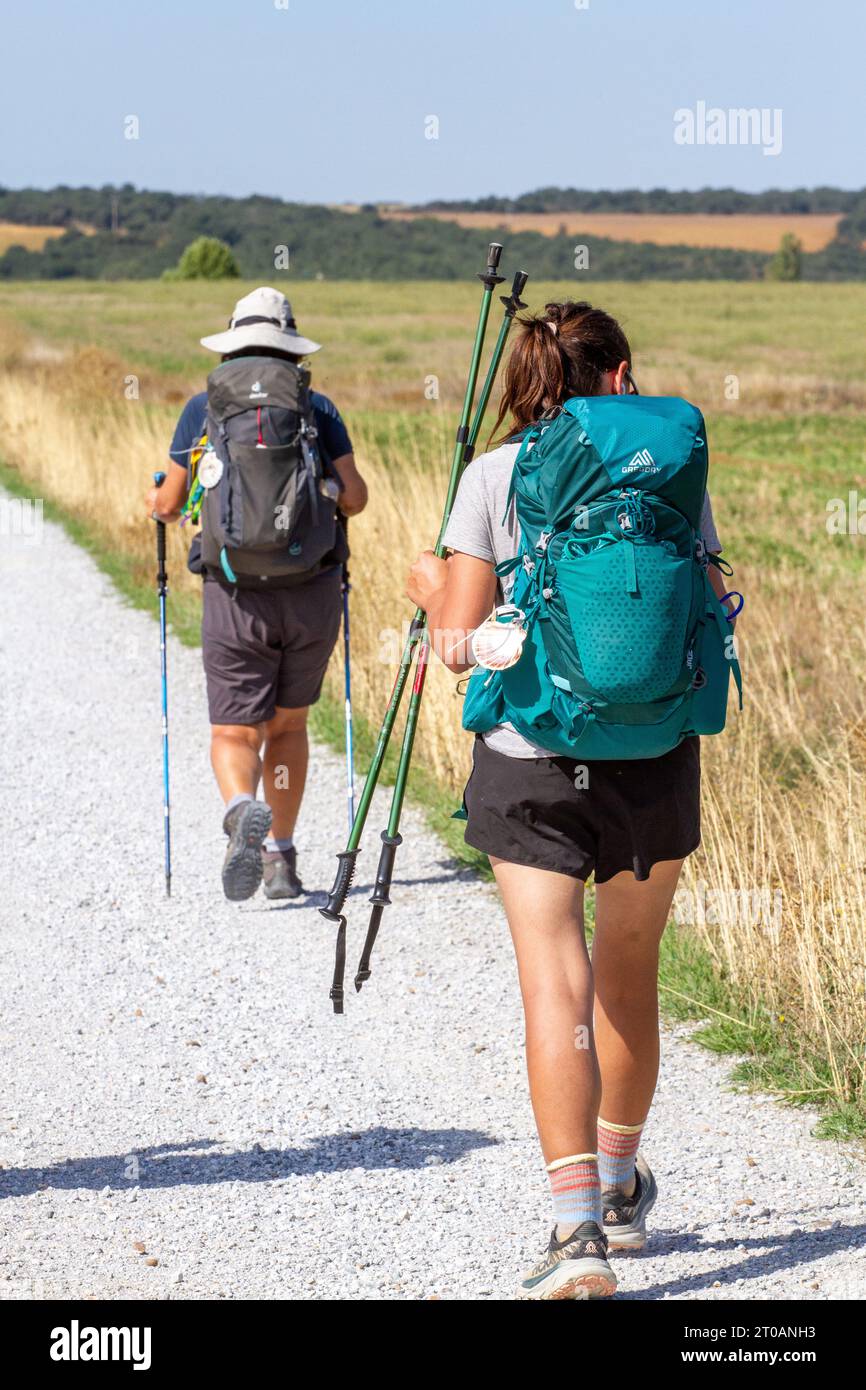 Pilgrims backpacking walking the long distance Spanish Camino de ...