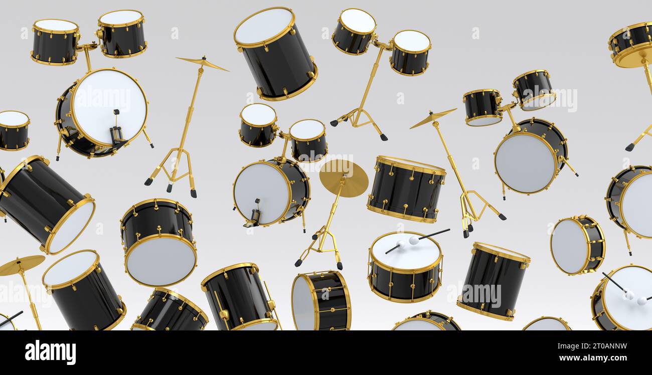 Many of flying drums with metal cymbals on white background. 3d render ...