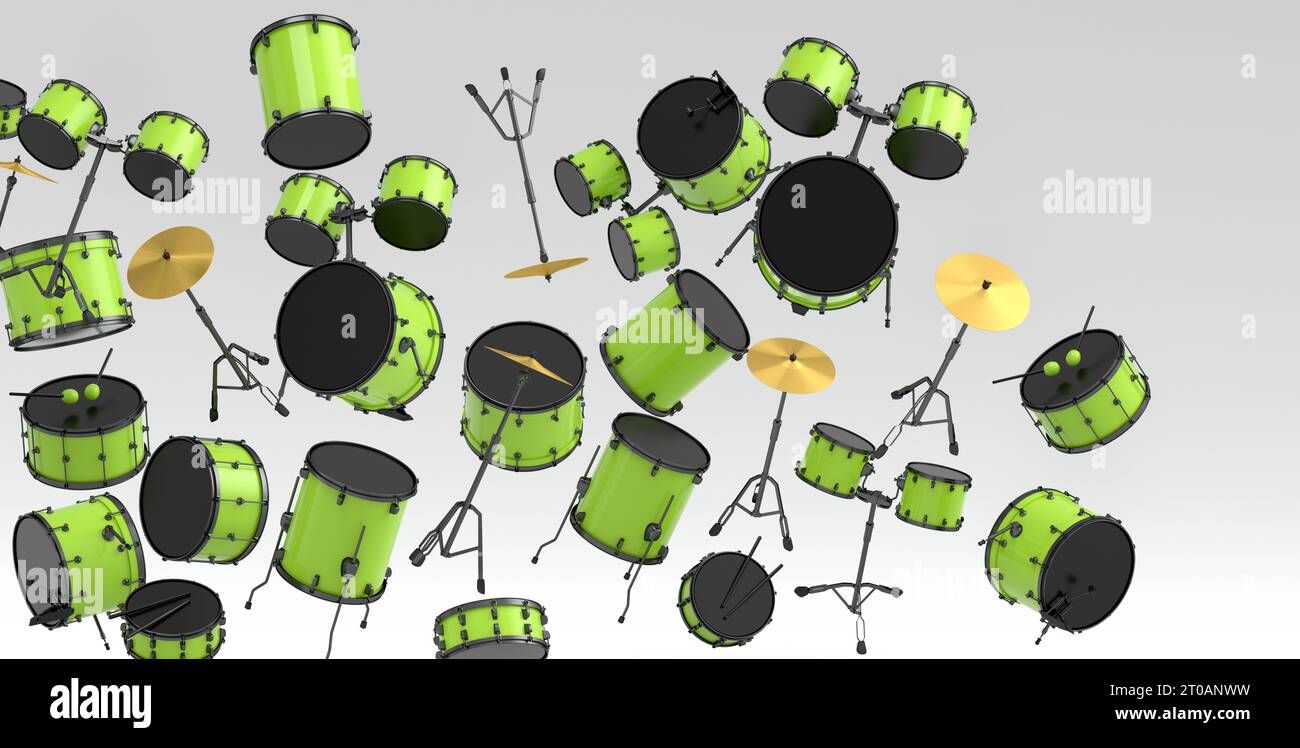 Many of flying drums with metal cymbals on white background. 3d render ...