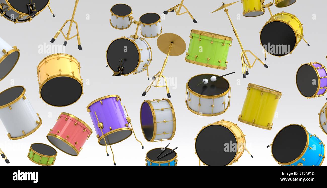 Many of flying drums with metal cymbals on white background. 3d render ...