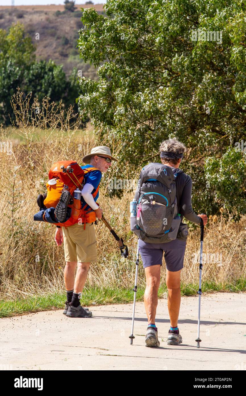 Pilgrims backpacking walking the long distance Spanish Camino de ...
