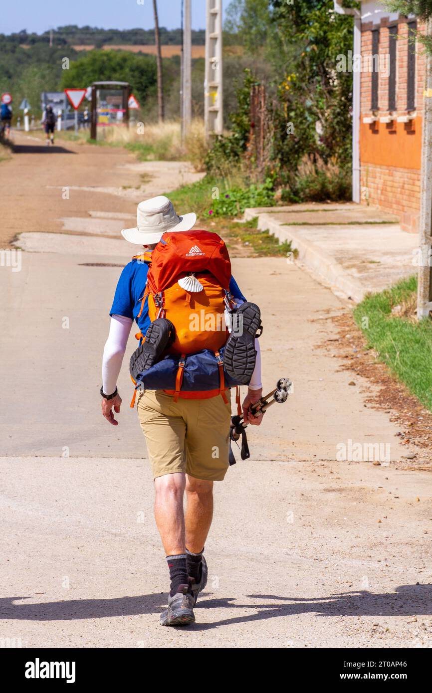 Pilgrims backpacking walking the long distance Spanish Camino de ...