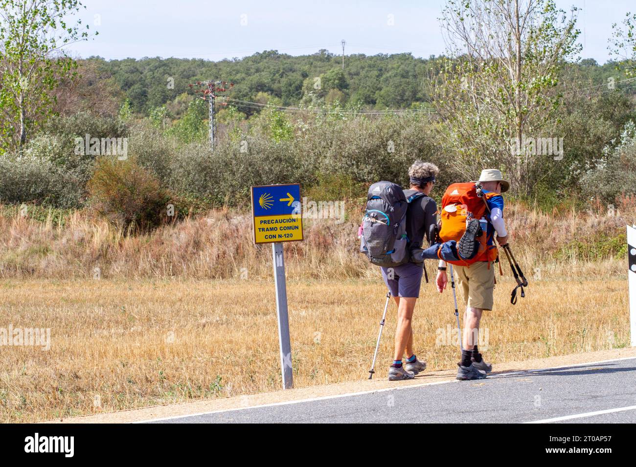 Pilgrims backpacking walking the long distance Spanish Camino de ...