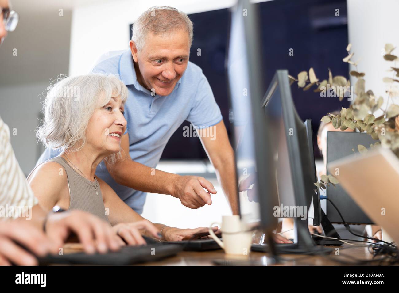 Group of older people studying on computer course Stock Photo - Alamy