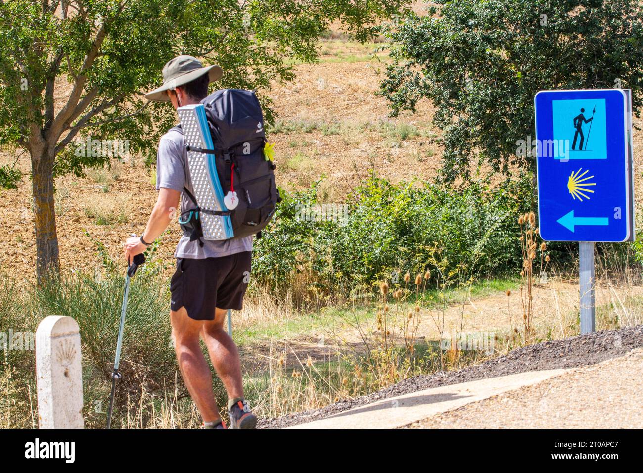 Pilgrims backpacking walking the long distance Spanish Camino de ...