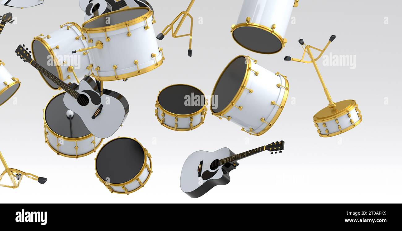 Many of flying acoustic guitars, drums with metal cymbals or drumset ...