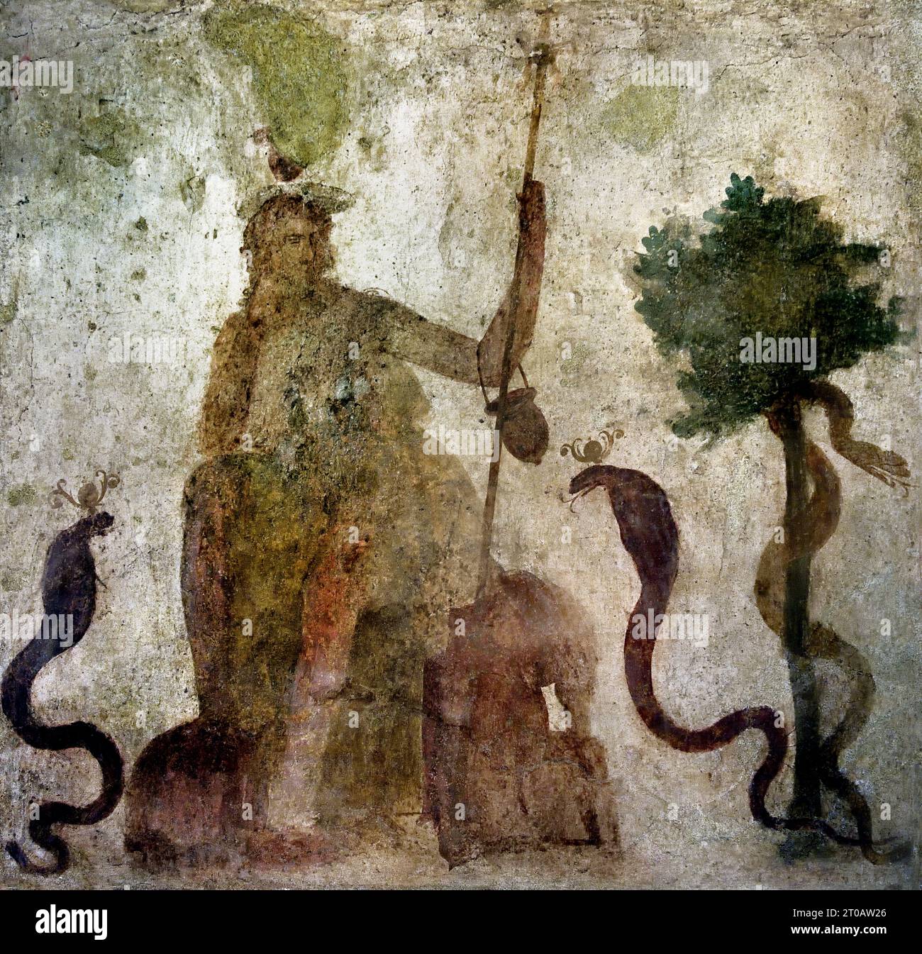 Osiris Serapide in throne between cobra beside a Sicomoro with snake ...