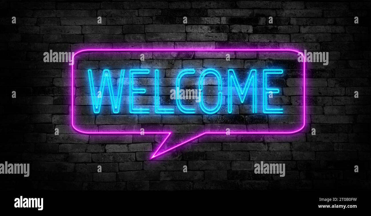 Welcome neon sign on brick wall background Stock Photo - Alamy