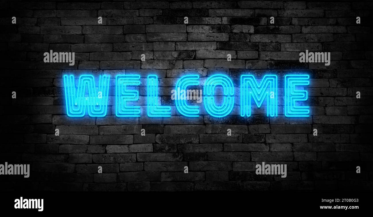 Welcome neon sign on brick wall background Stock Photo - Alamy