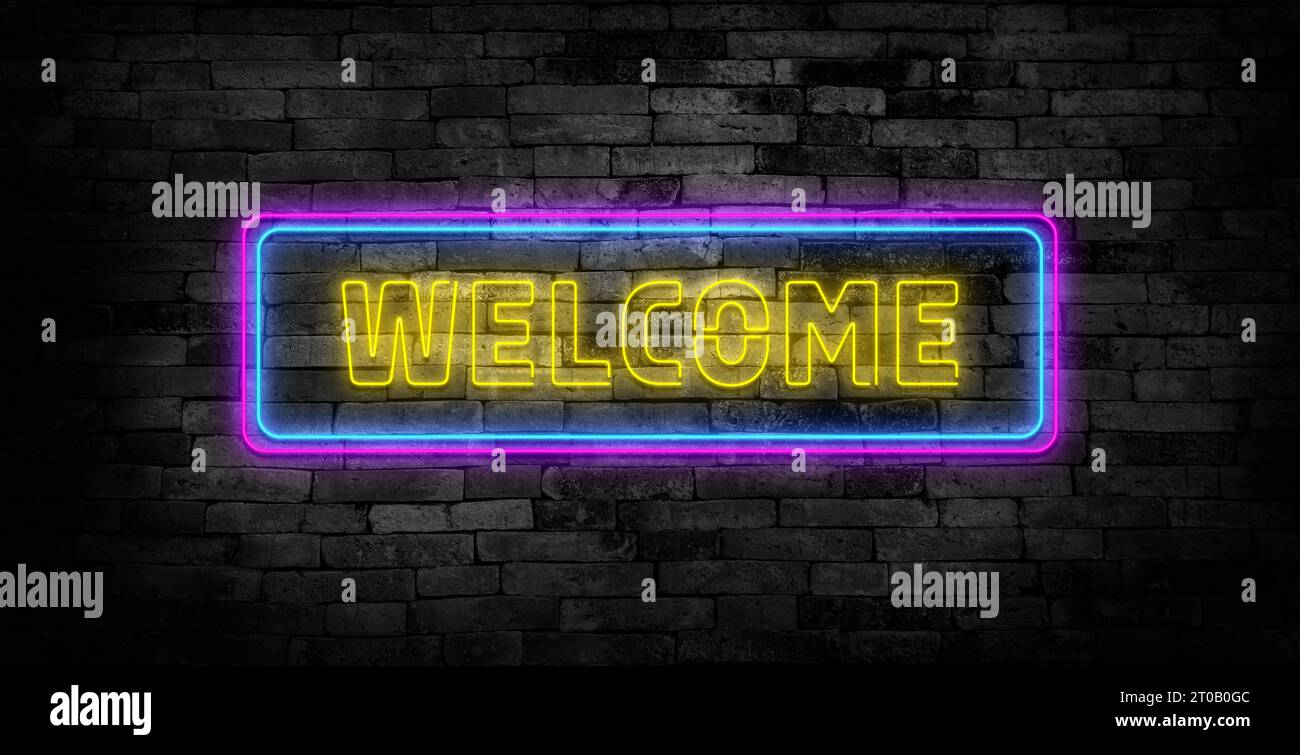 Welcome neon sign on brick wall background Stock Photo - Alamy