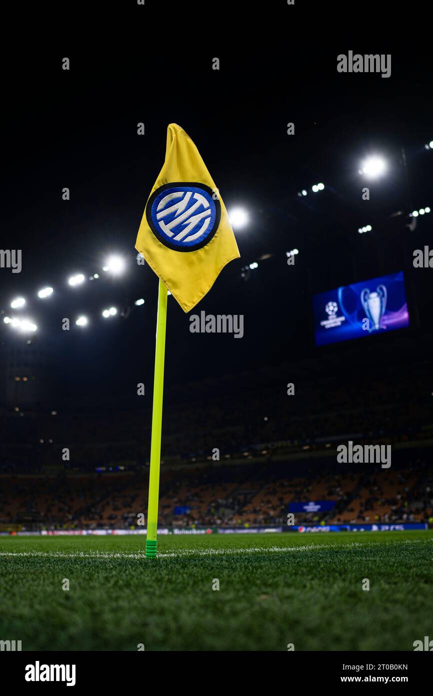 A corner flag bearing the logo of FC Internazionale is seen prior to ...