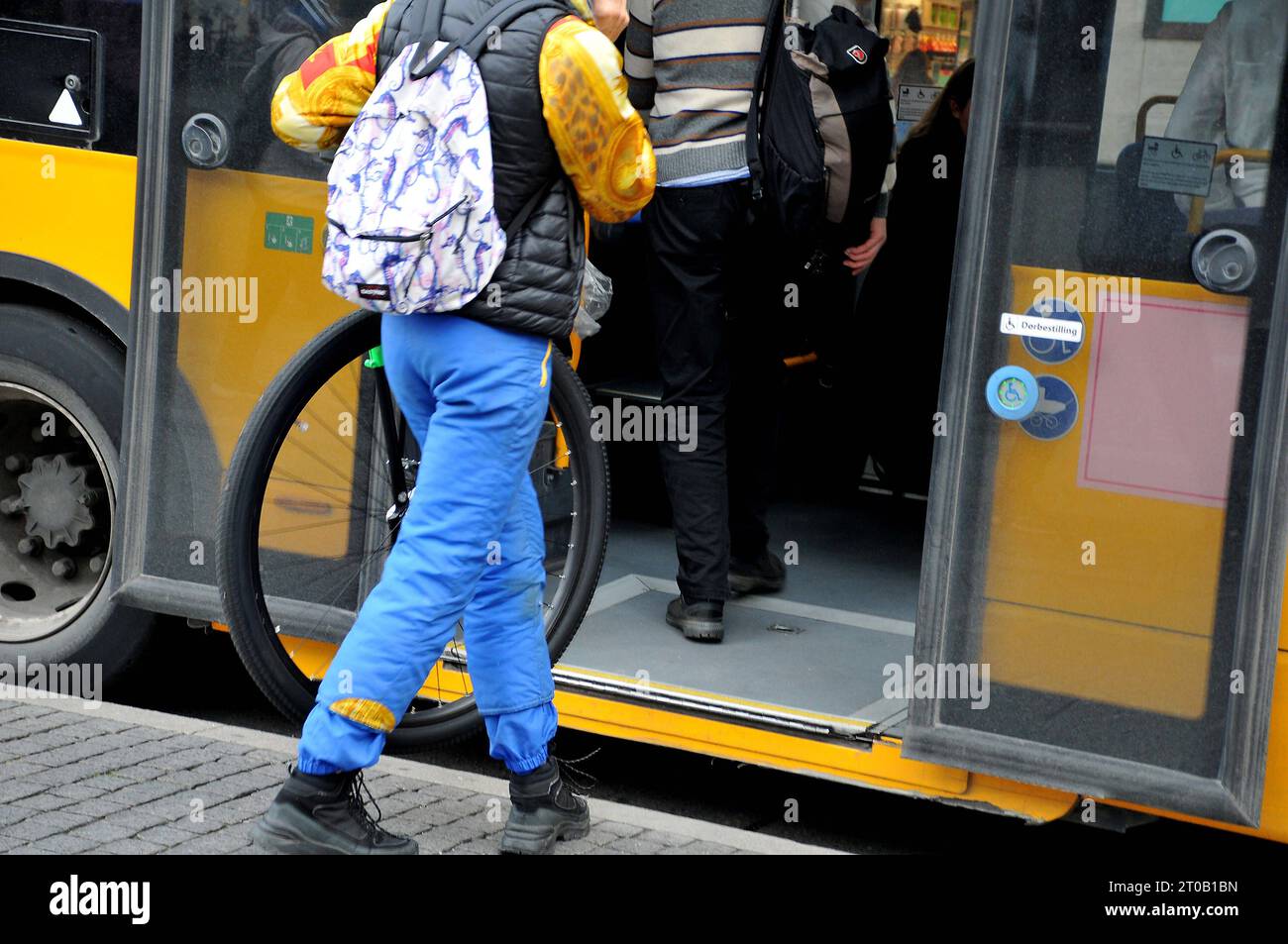 05 October. 2023/.Male transports single wheel bike by bus in danish ...