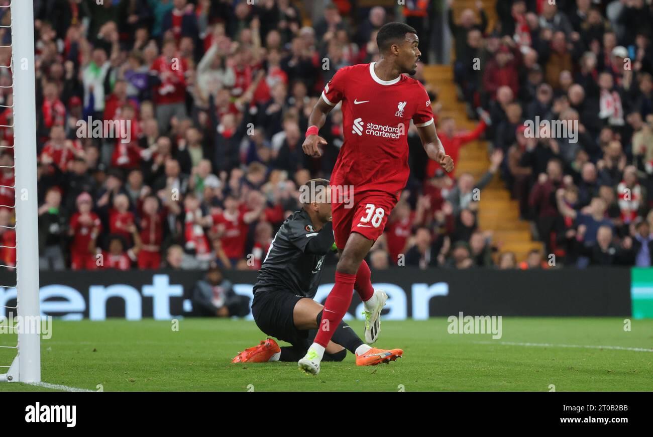 Liverpool, UK. 05th Oct, 2023. Liverpool's Ryan Gravenberch celebrates ...