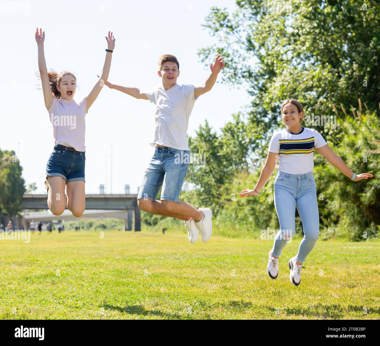 Three joyful teens jump on a lawn Stock Photo - Alamy