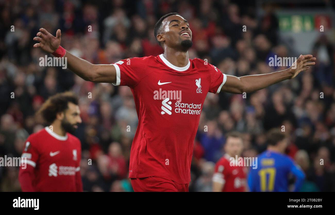 Liverpool, UK. 05th Oct, 2023. Liverpool's Ryan Gravenberch celebrates ...