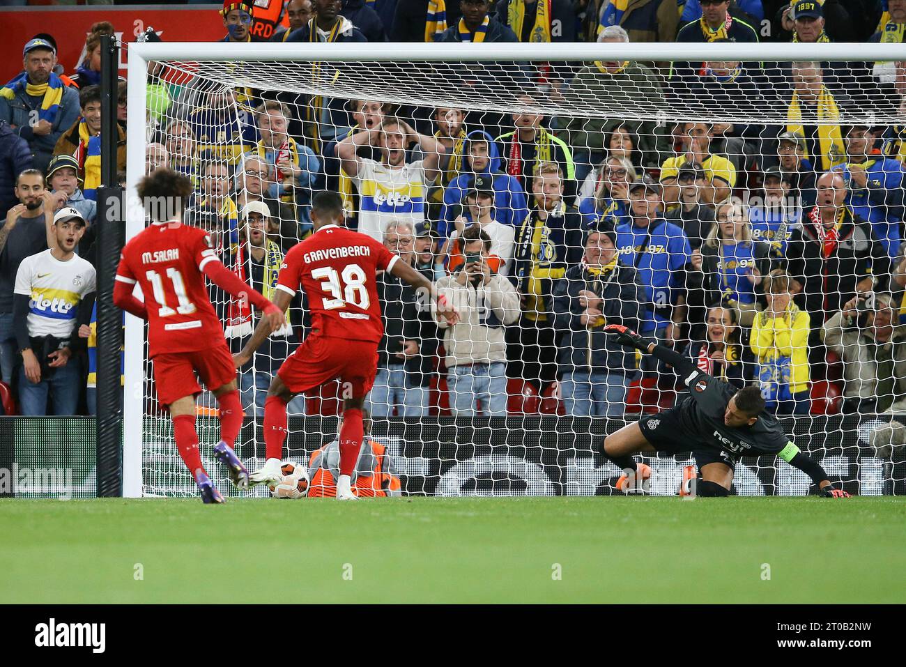Liverpool, UK. 05th Oct, 2023. Ryan Gravenberch of Liverpool (38) taps ...