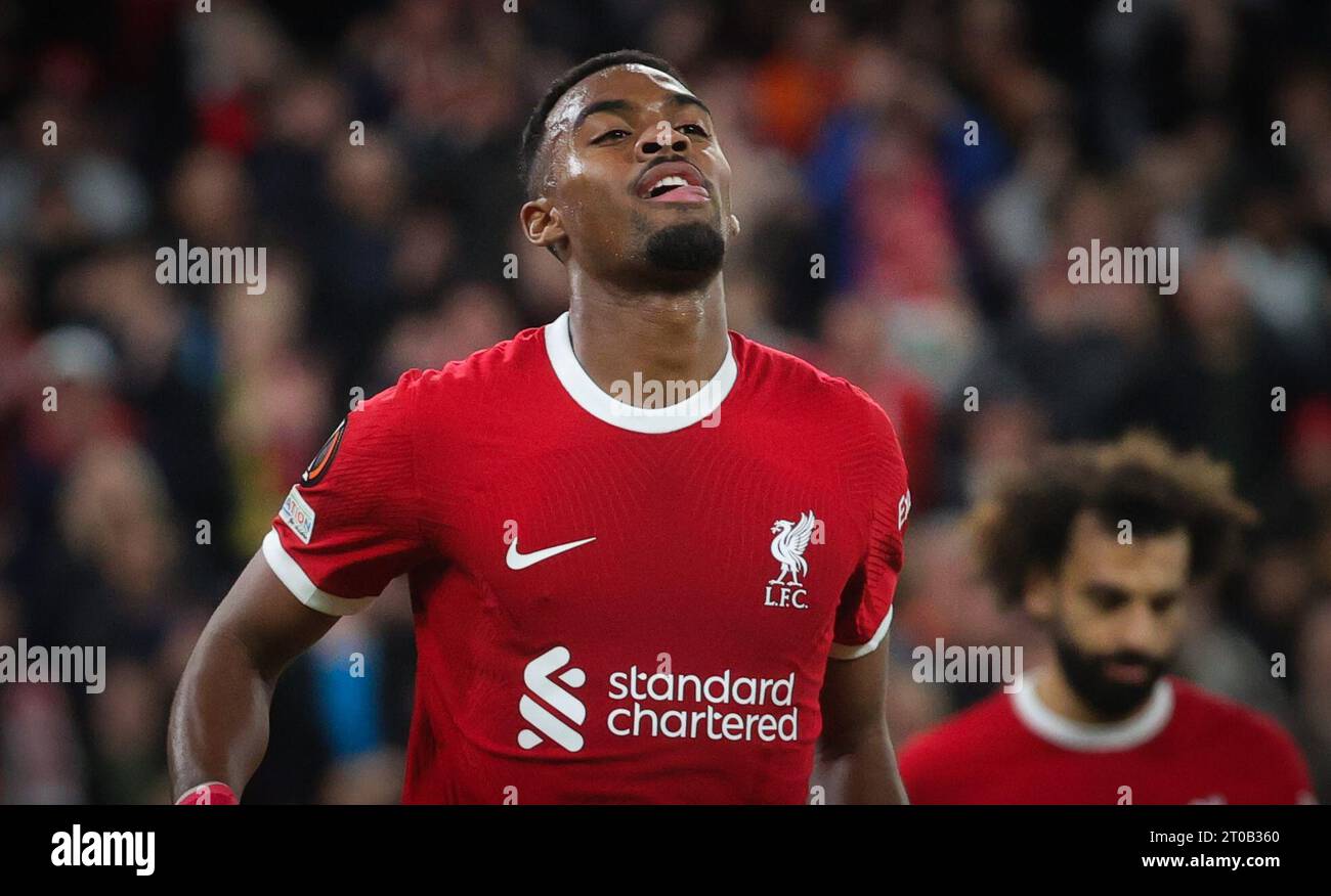 Liverpool, UK. 05th Oct, 2023. Liverpool's Ryan Gravenberch celebrates ...