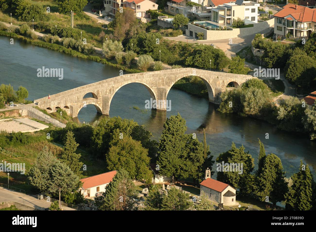 aerial view of Trebisnjica river and Arslanagica stone bridge in Bosnia ...