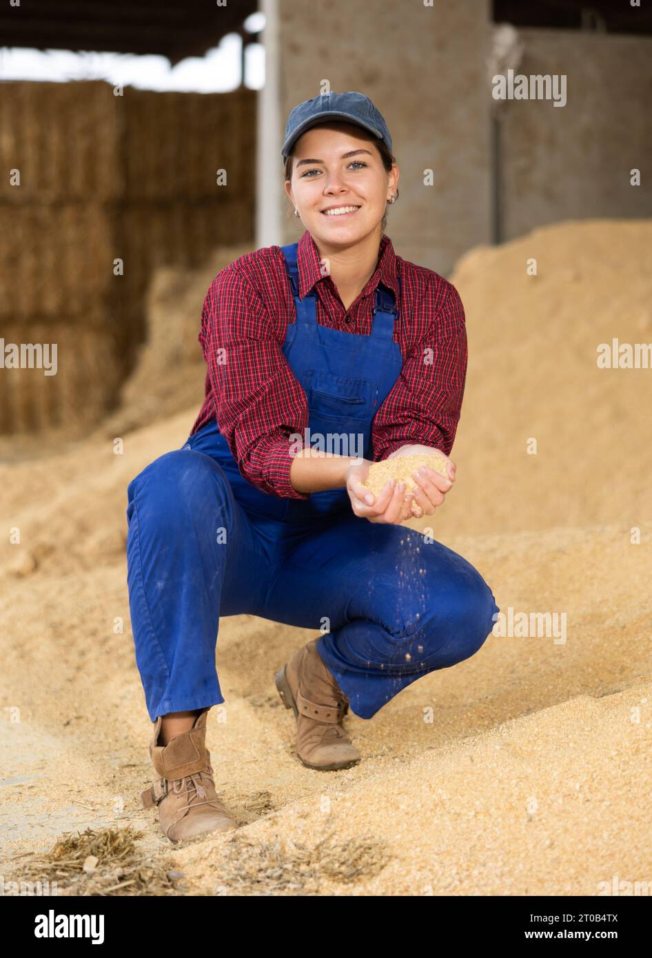 Positive woman farmer picking up corn flour calf on background of large ...