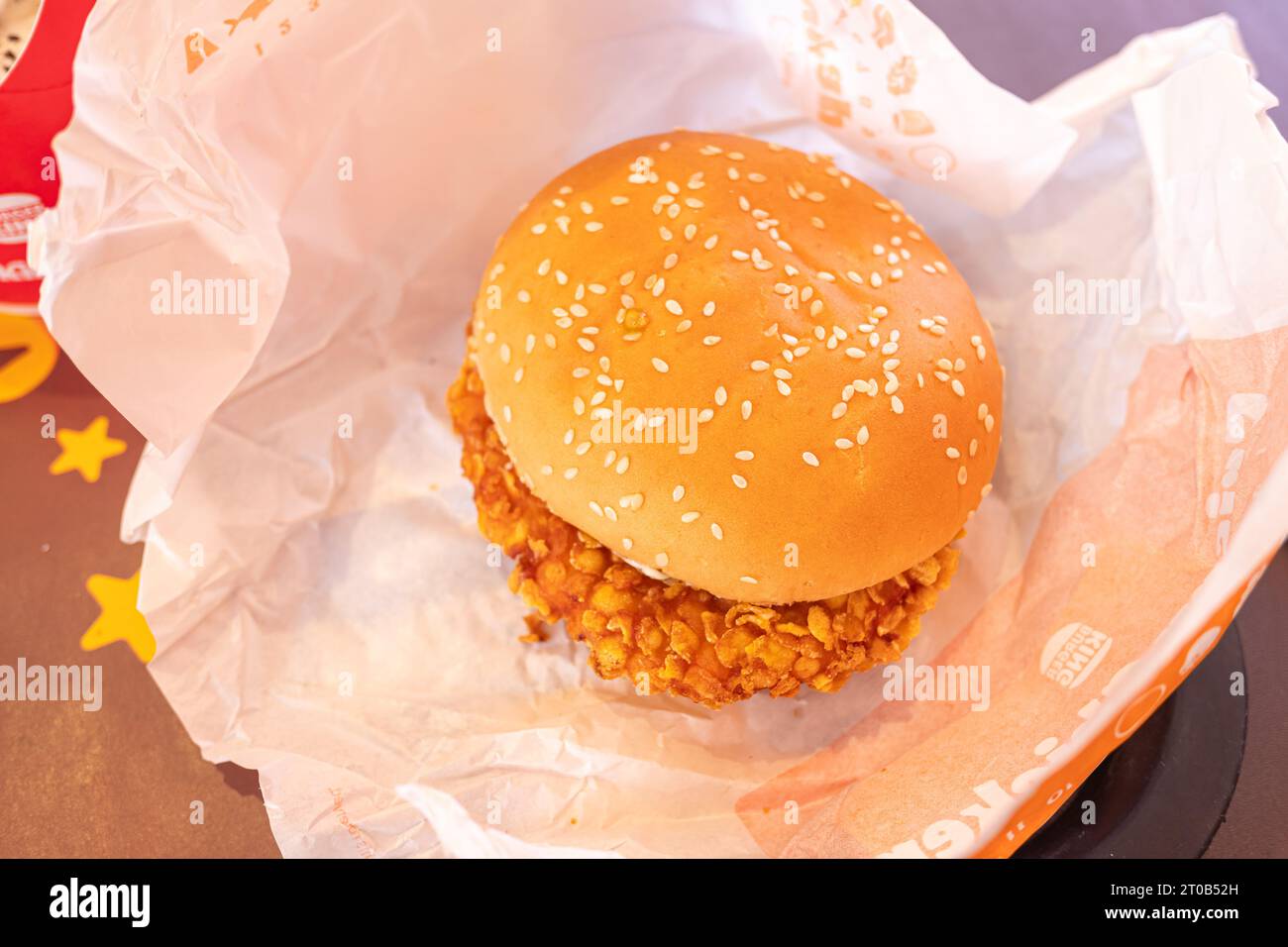 Ourense, Spain 09 30 2023: Crispy chicken burguer, Burger King chain ...