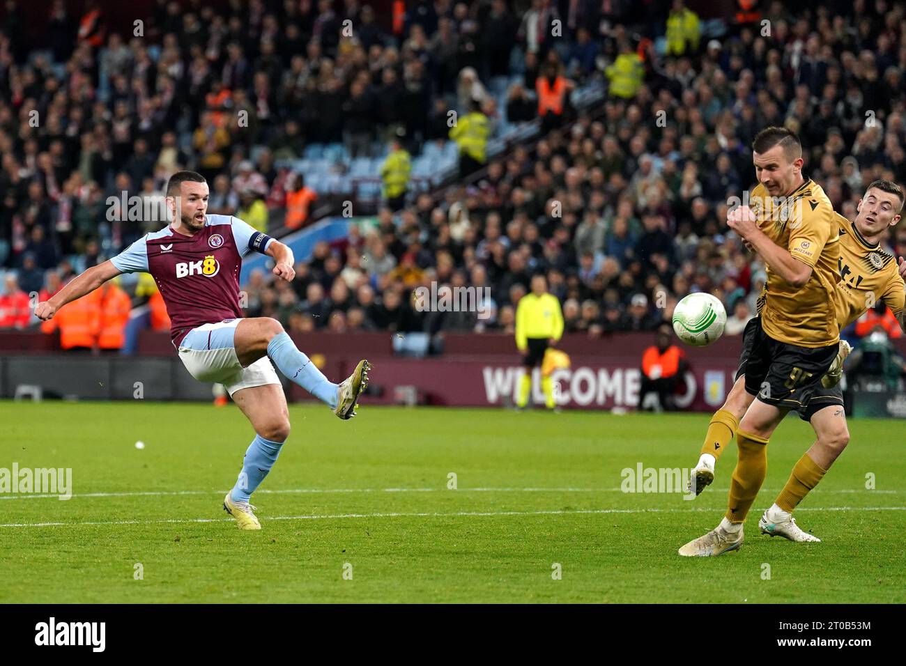 Aston Villa's John McGinn's shot hits the body of HSK Zrinjski's Matej ...
