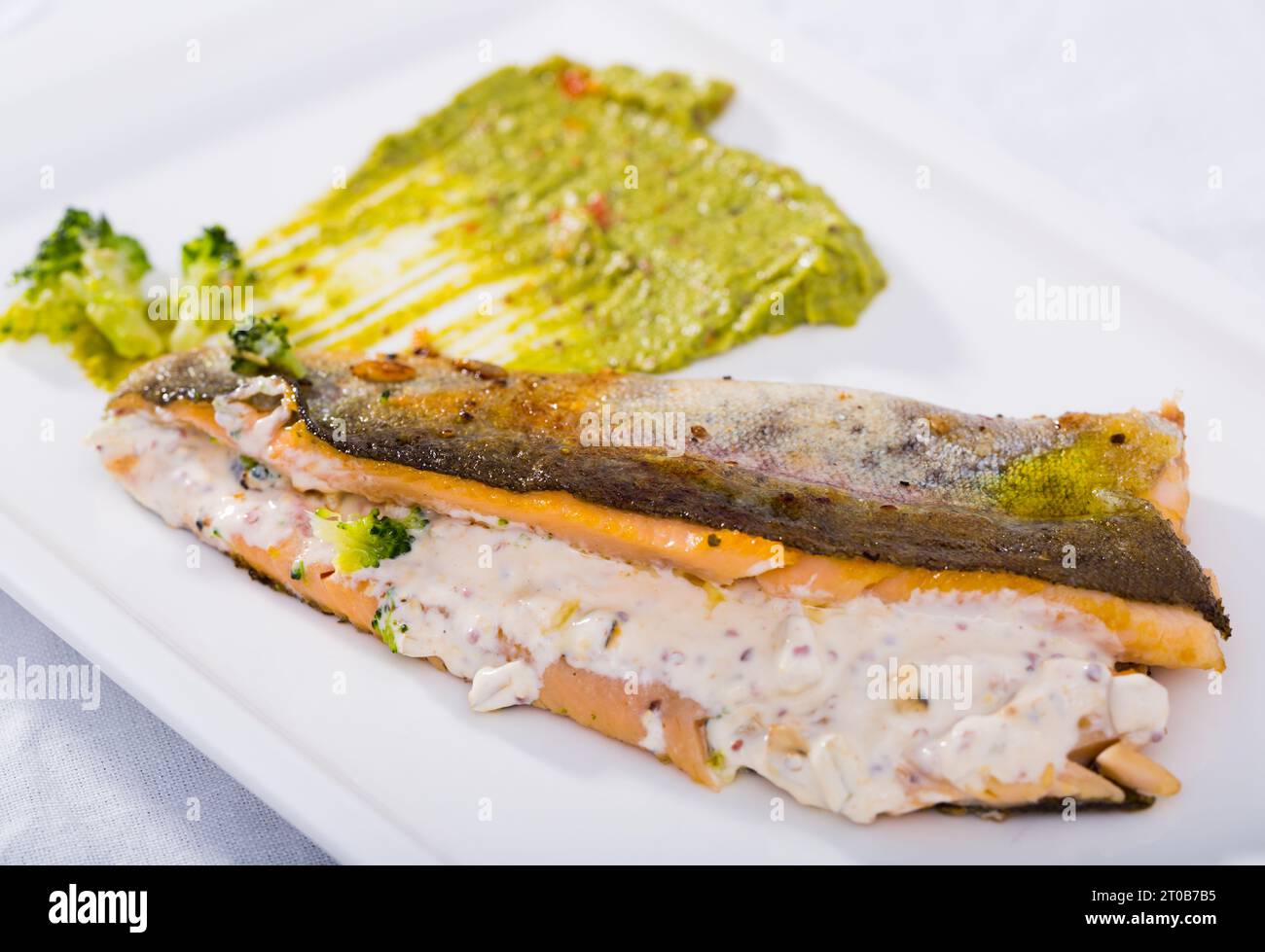 Deliciously steak of fried river trout fillet with sause tartar Stock ...