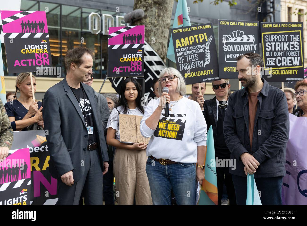 London, UK. October 05, 2023. At Leicester Square, members of Bectu ...