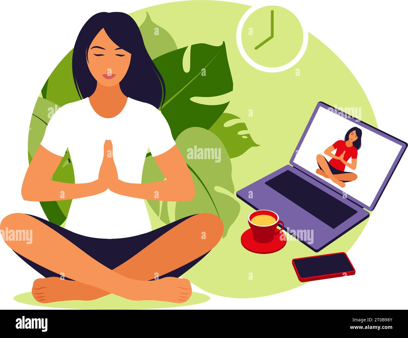 Girl watching online classes on laptop, practicing yoga, meditation ...