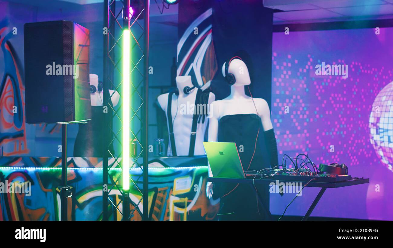 Empty clubbing stage with DJ station used for live eletronic music at ...