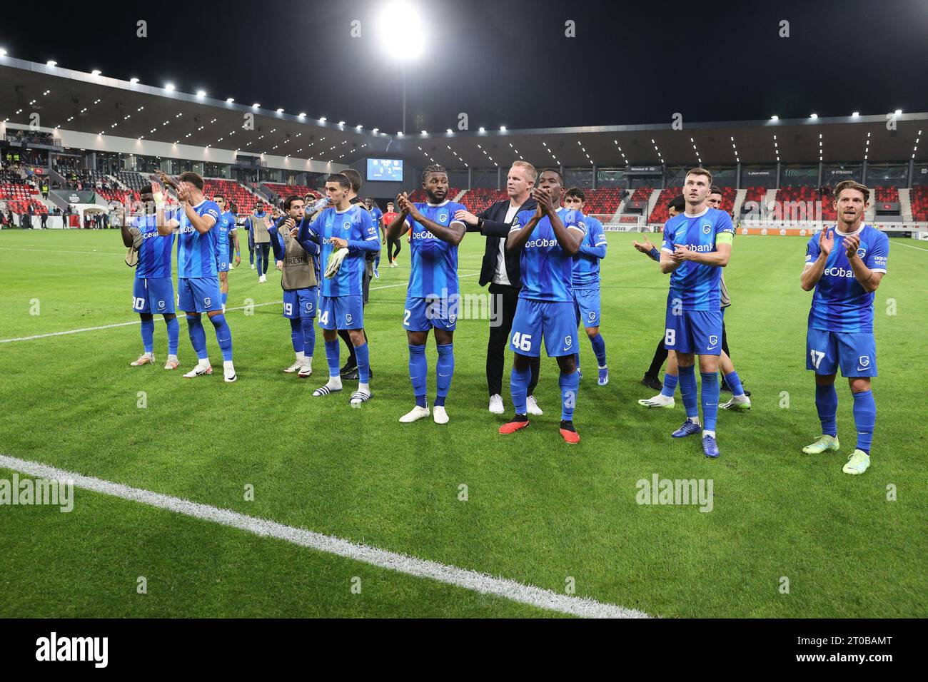 Leskovac, Serbia. 05th Oct, 2023. Genk's players celebrate after ...