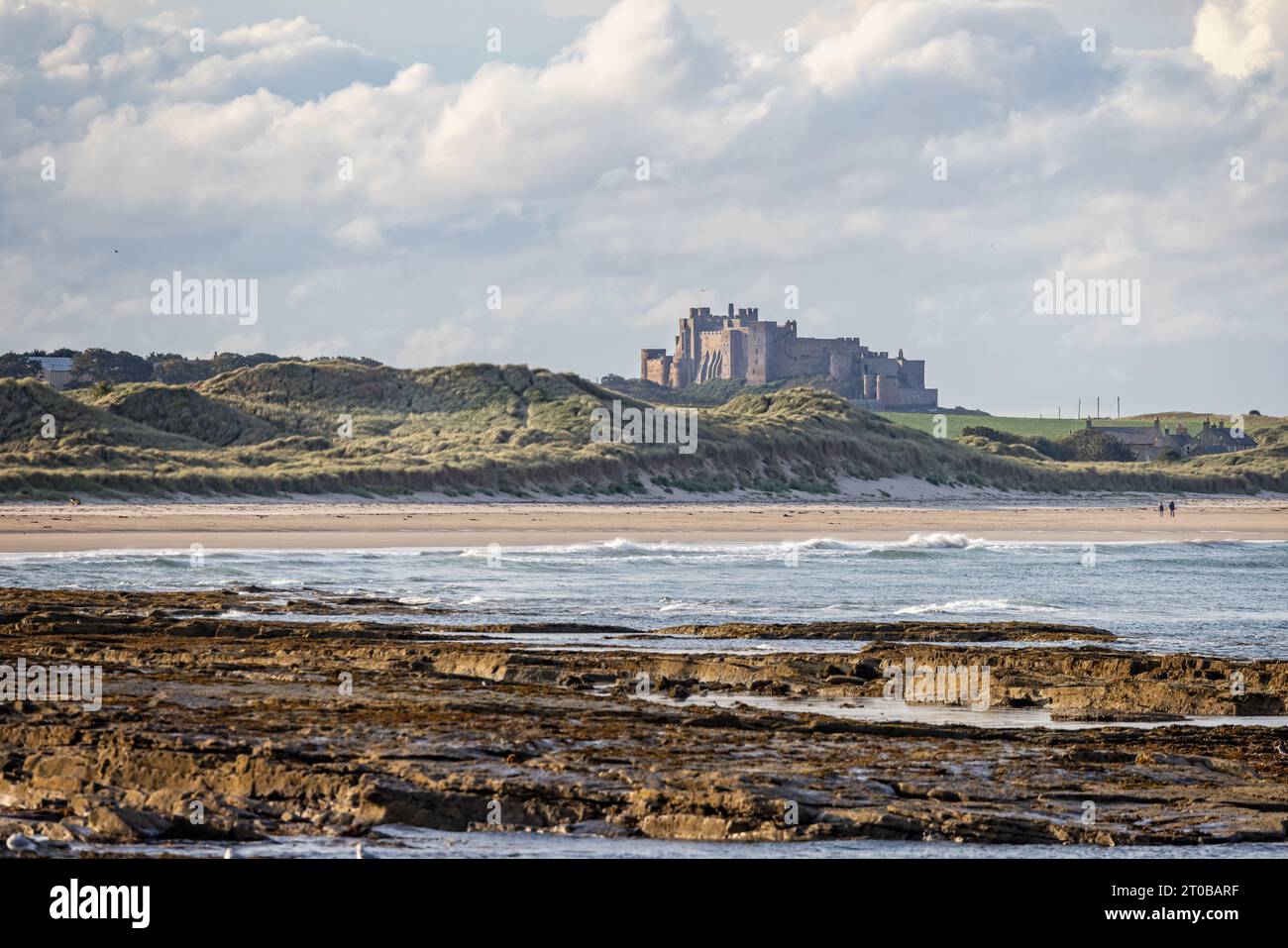 Coastal view of Bamburgh Castle rising from the sand dunes across the ...
