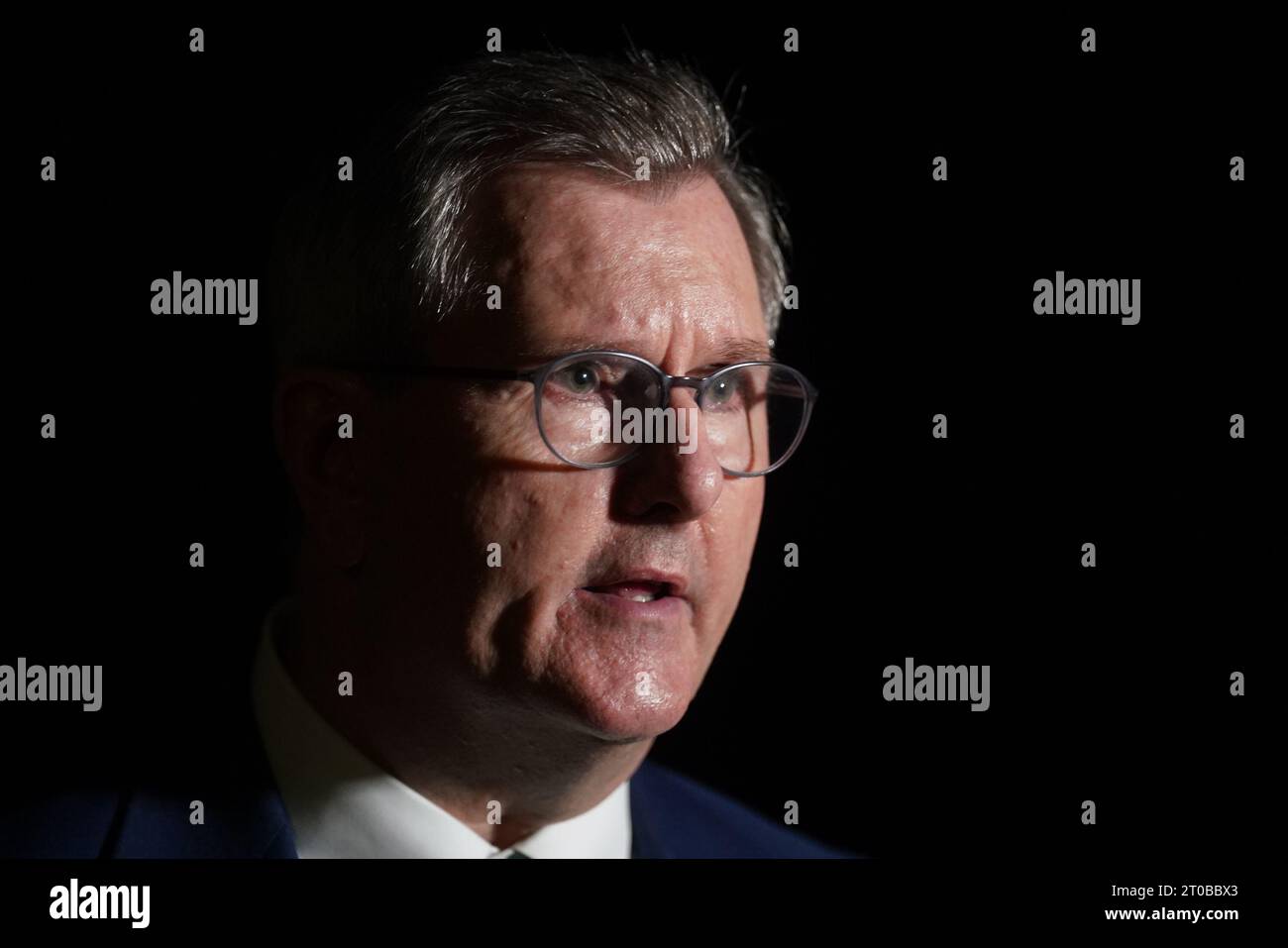 DUP leader Sir Jeffrey Donaldson, speaking outside Brownlow House ...