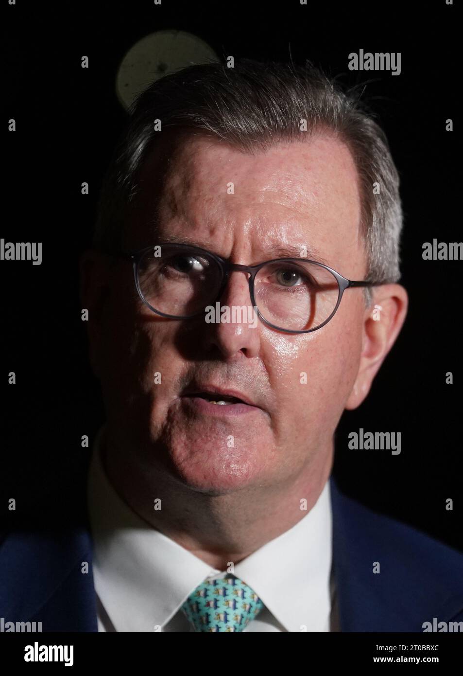 DUP leader Sir Jeffrey Donaldson, speaking outside Brownlow House ...