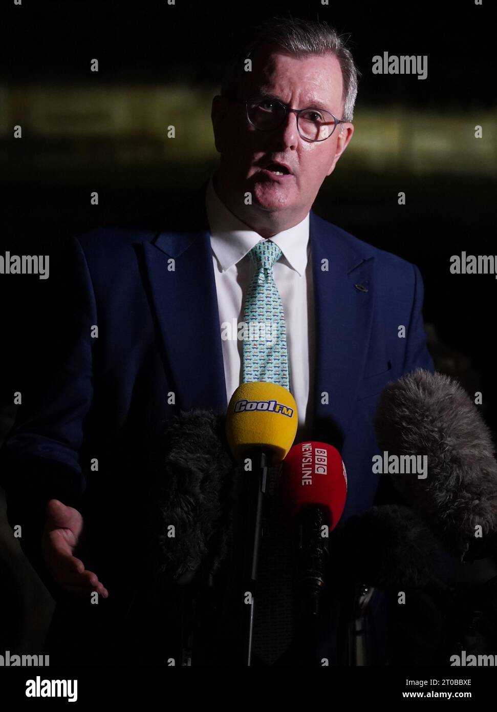 DUP leader Sir Jeffrey Donaldson, speaking outside Brownlow House ...