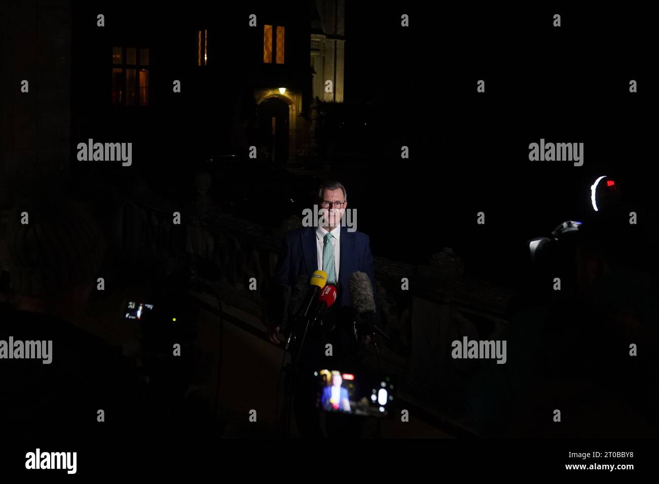 DUP leader Sir Jeffrey Donaldson, speaking outside Brownlow House ...