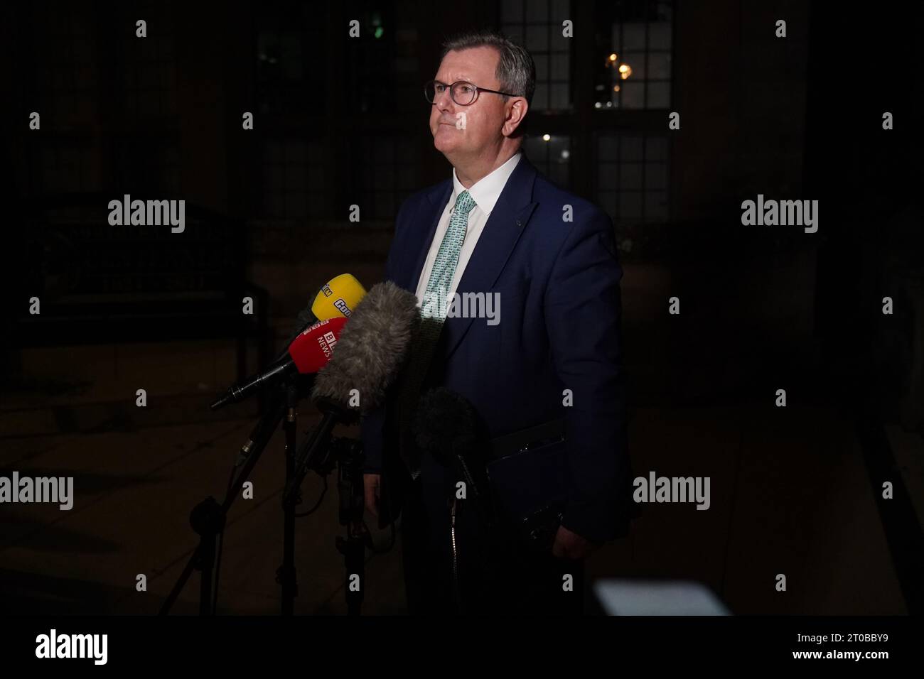 DUP leader Sir Jeffrey Donaldson, speaking outside Brownlow House ...