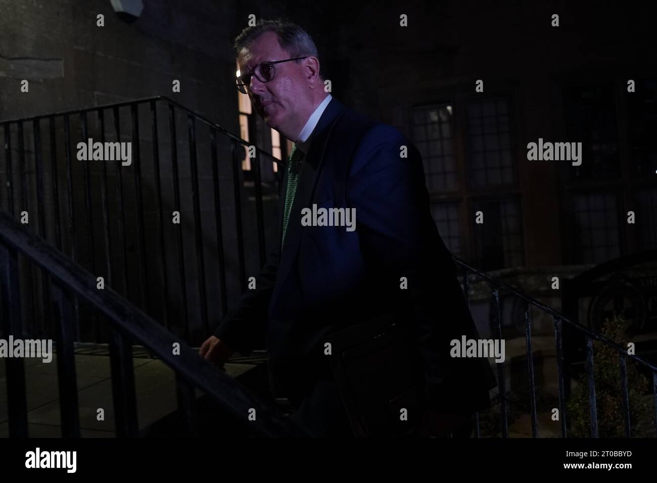 DUP leader Sir Jeffrey Donaldson, speaking outside Brownlow House ...