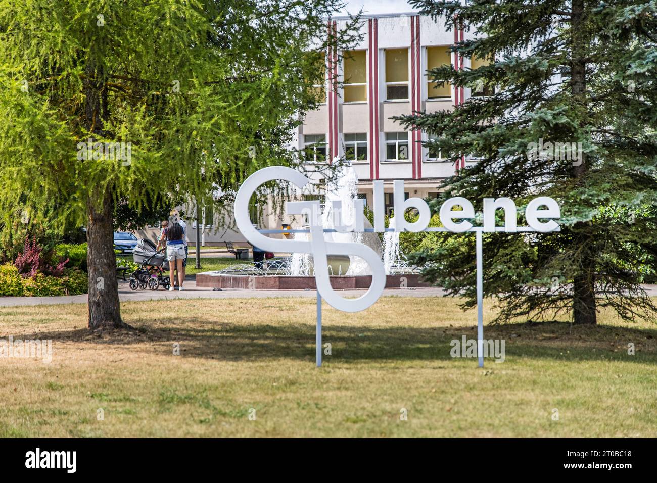 Gulbene central park with fountains and large Gulbene sign Stock Photo ...