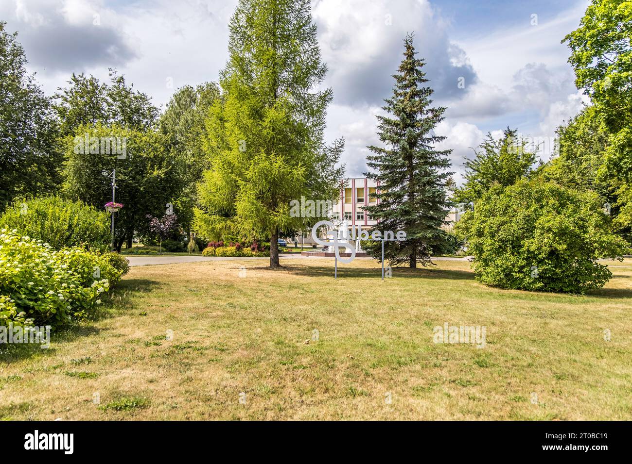 Gulbene central park with fountains and large Gulbene sign Stock Photo ...