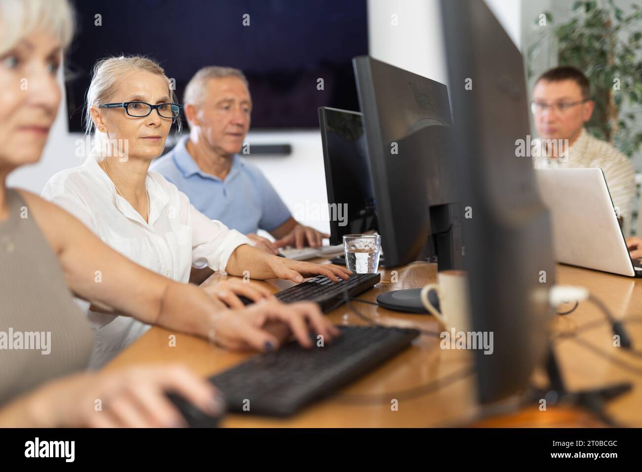 Old woman learning computer programs in training room Stock Photo - Alamy