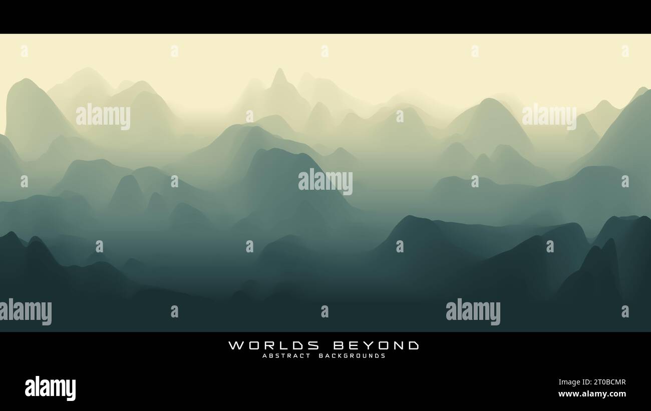 Abstract green landscape with misty fog till horizon over mountain ...