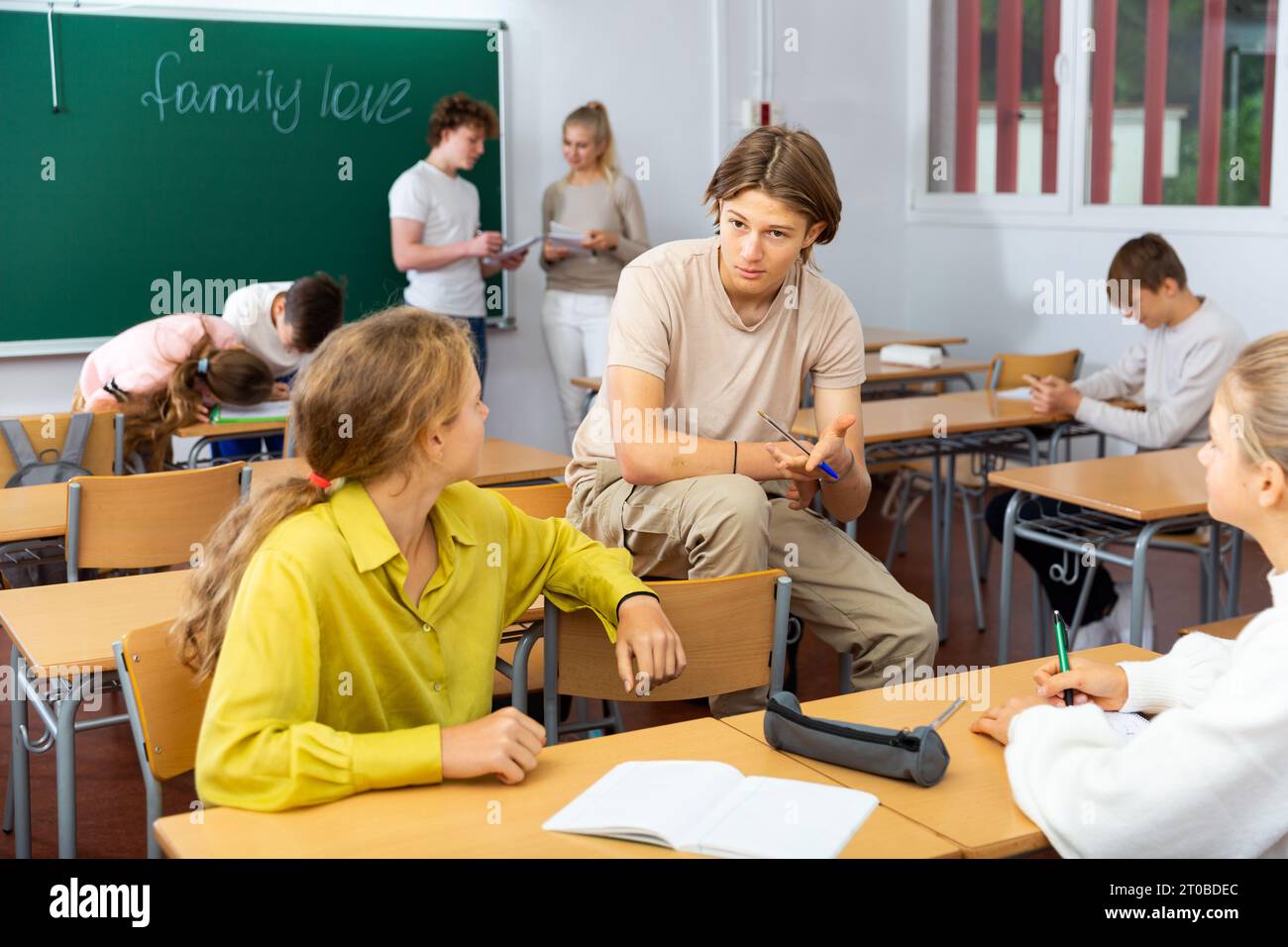 Schoolchilds working in groups at lesson in school with teacher Stock ...