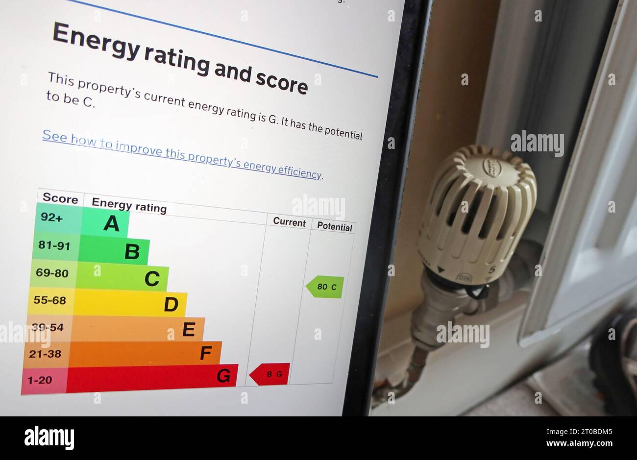 iPad tablet with UK EPC, energy rating and score, near central heating ...