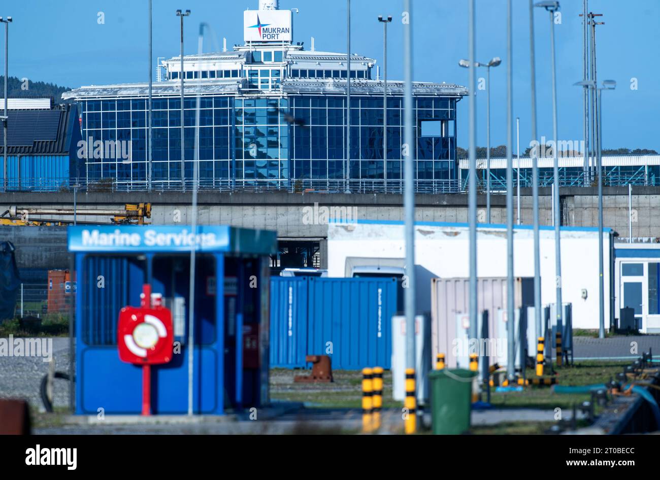 Sassnitz, Germany. 05th Oct, 2023. A logo of the Port of Mukran hangs ...